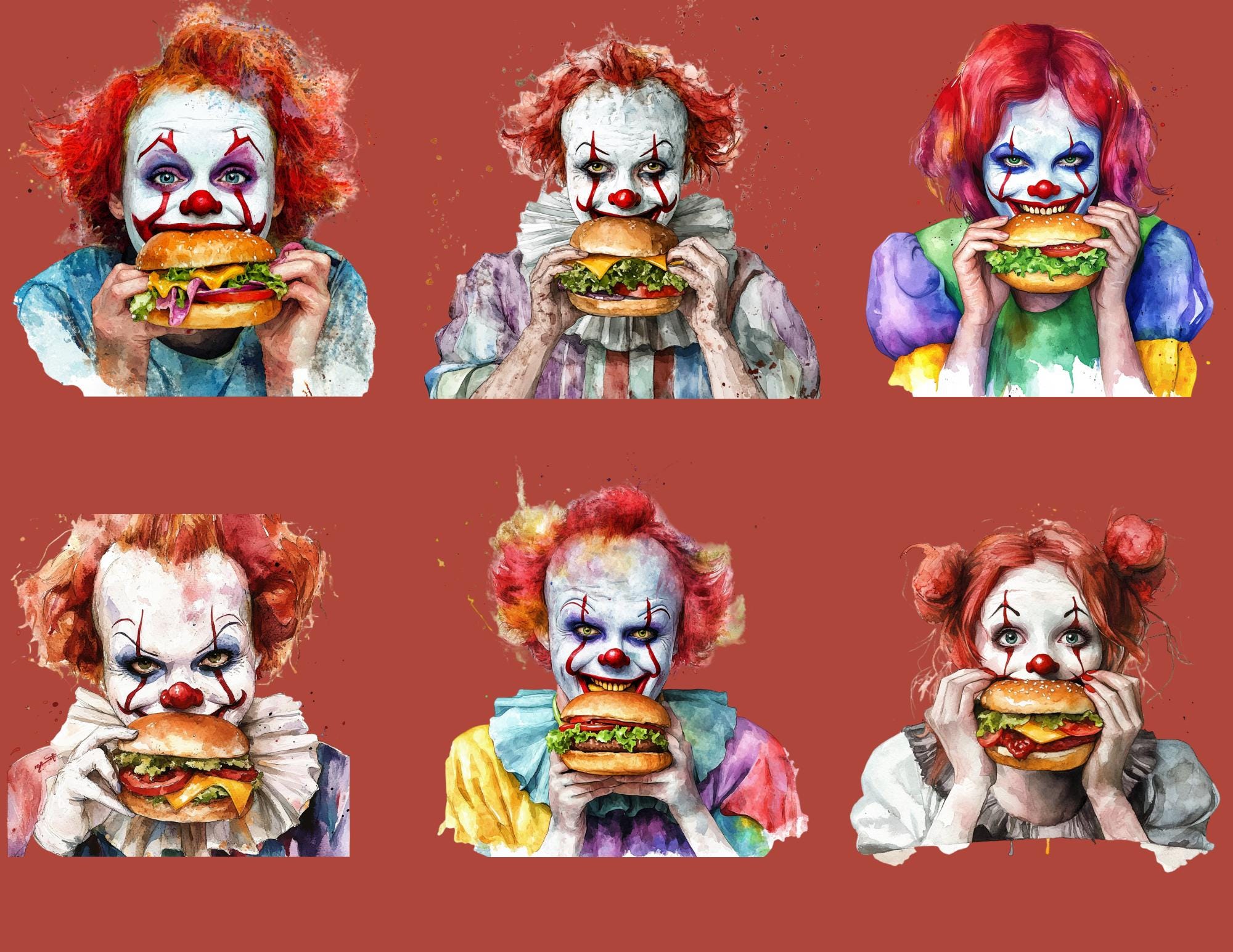 Clown With Burger Clipart Bundle | Watercolor Funny Clowns 31 PNG ...