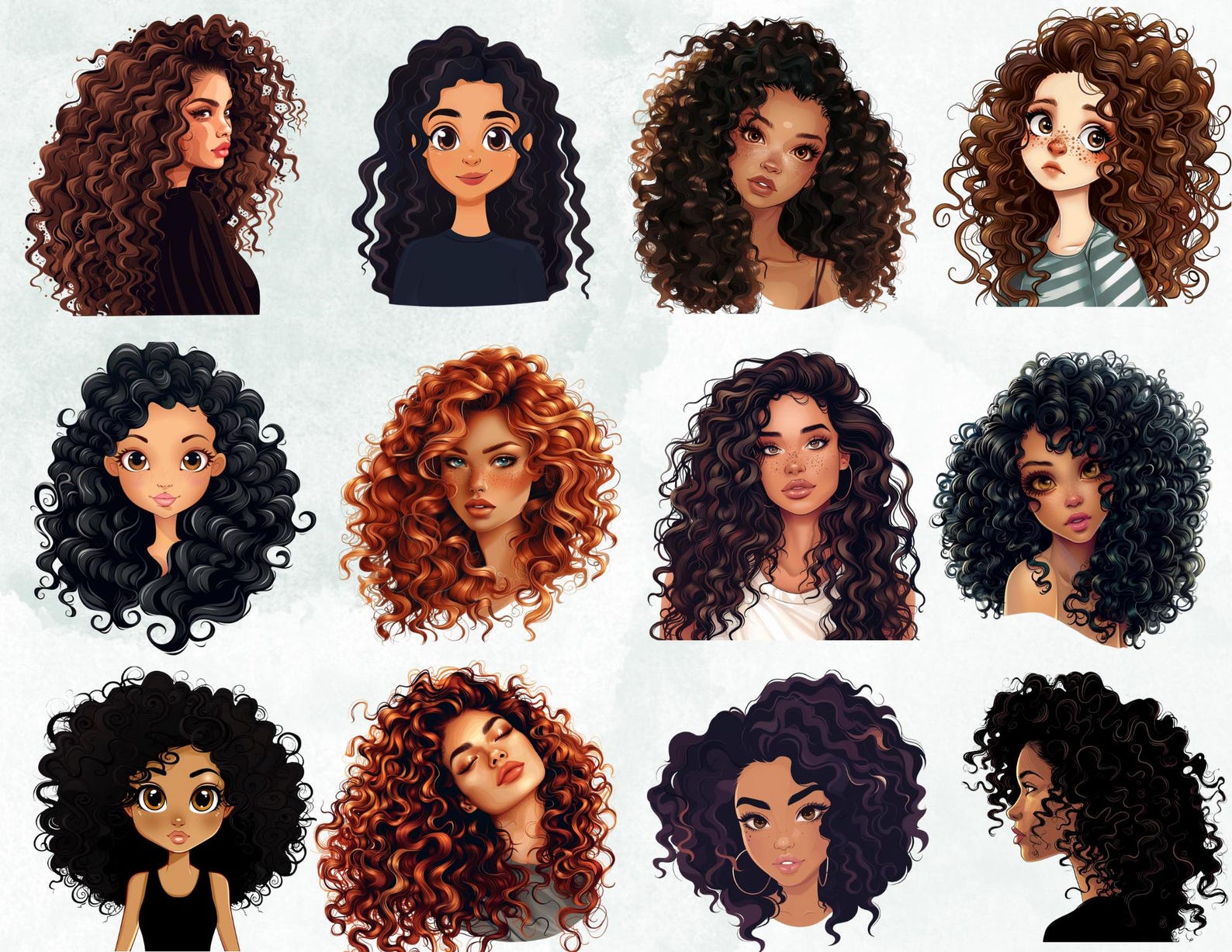 Curly Hair Girls Clipart Bundle | Curly Hair PNG | Digital Print Hair ...