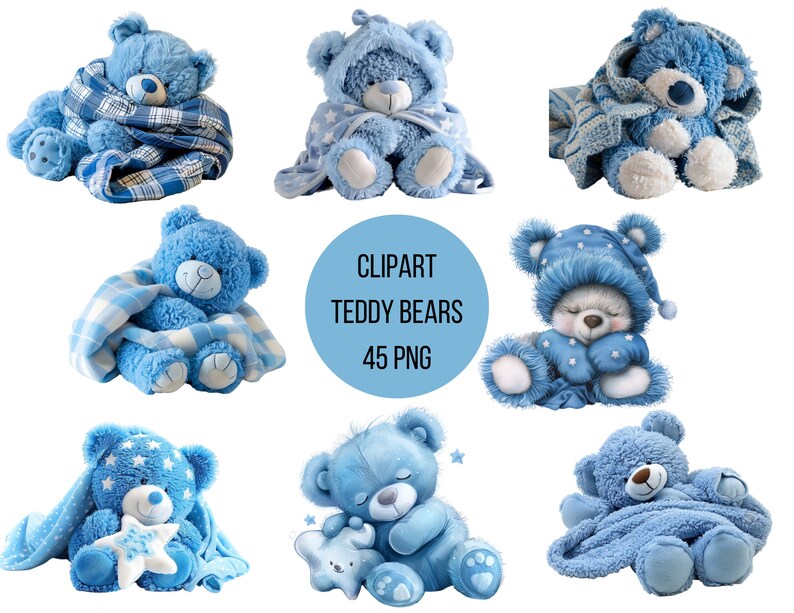 Clipart Cute Teddy Bears | Digital Print Sleeping Teddy Bears | Blue ...