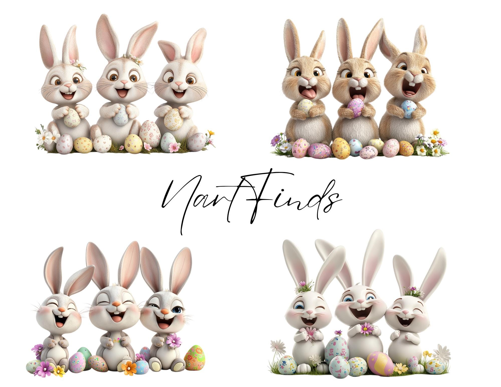 Easter Bunny Trio Clipart, Cute Rabbit Family PNG Bundle, Digital ...