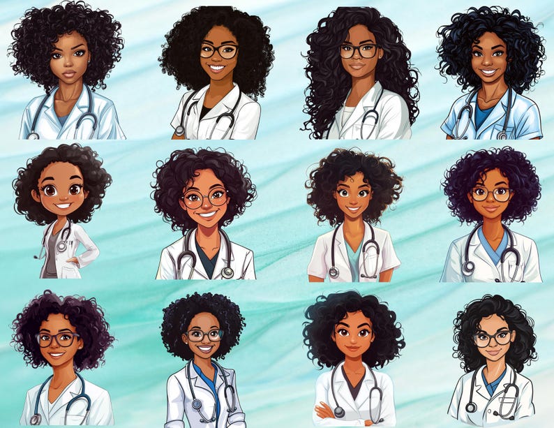 Doctor Woman Clipart, Curly Hair Medical PNG, Digital Print Doctor ...