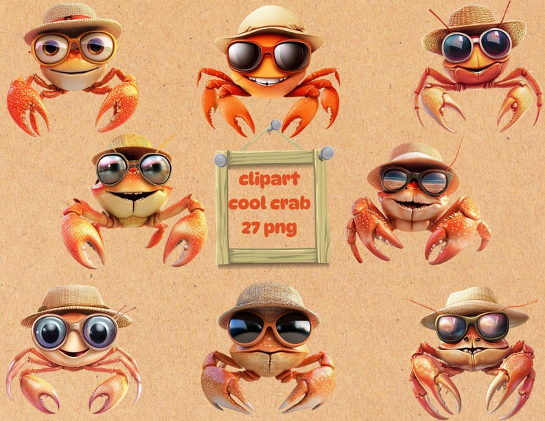 Cool Crab Clipart, Beach Crab PNG, Summer Ocean Digital Download ...