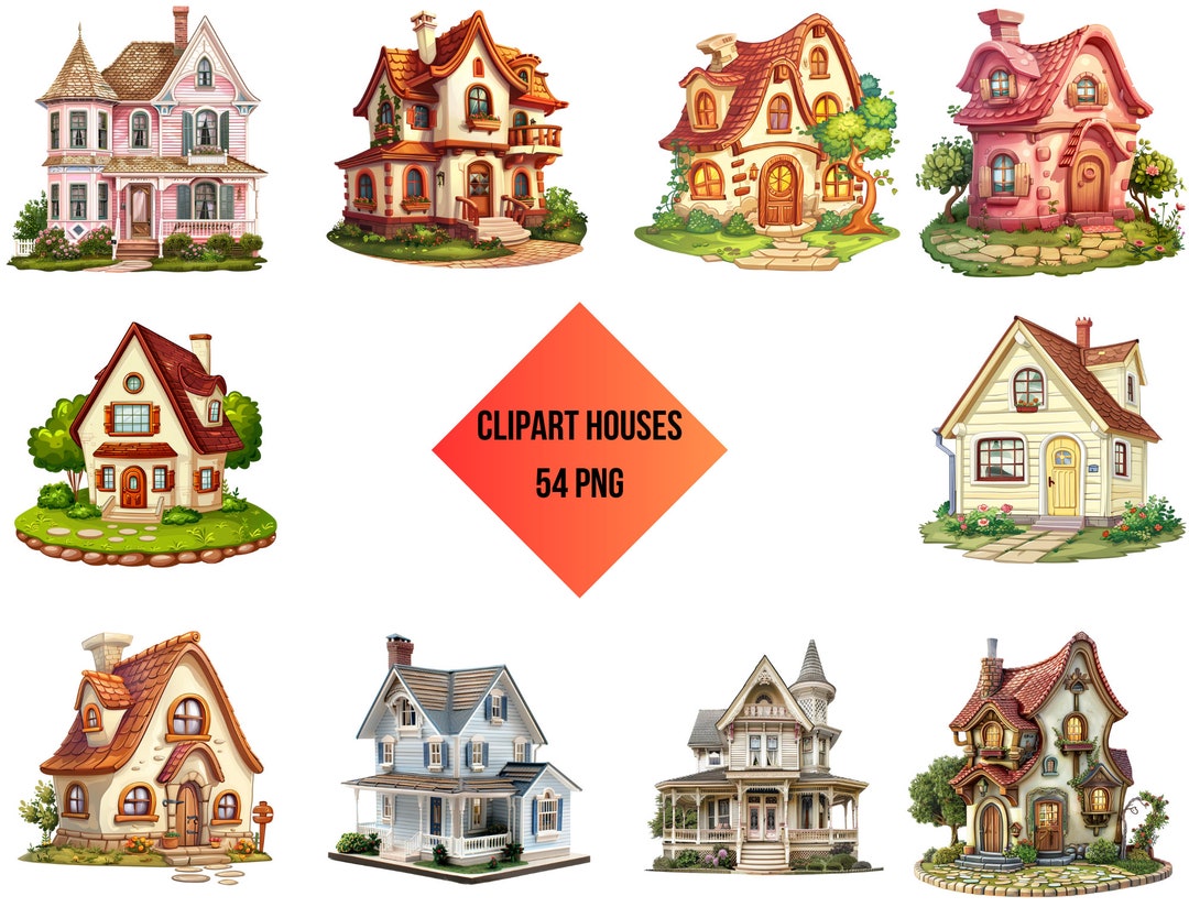Houses Clipart | 54 PNG Files | Cute Houses PNG | Digital Print Cute ...