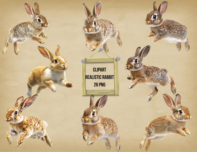 Realistic Rabbit Clipart Bundle, Jumping, Running & Standing Bunnies ...