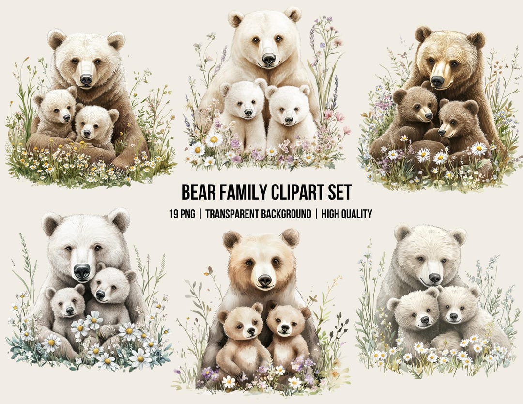 Watercolor Bear Family Clipart: Mama Bear and Cubs PNG (digital ...