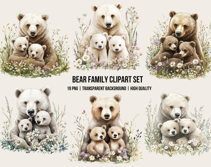 10 PNG Mother and Baby Bear Clipart – Cute Floral Bear Illustration ...