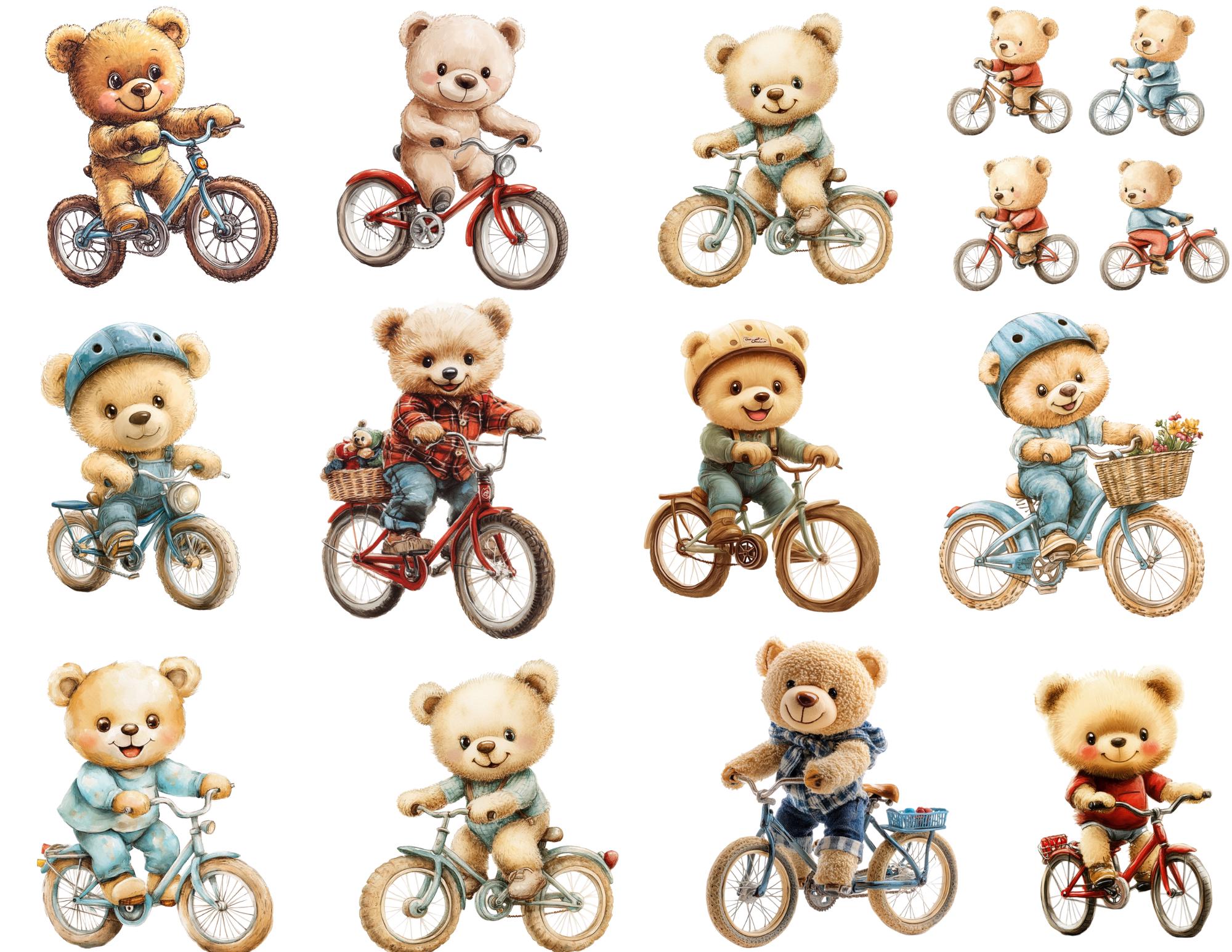 Clipart Teddy Bears on Bikes | Cute Bears PNG | Digital Cute Decor ...