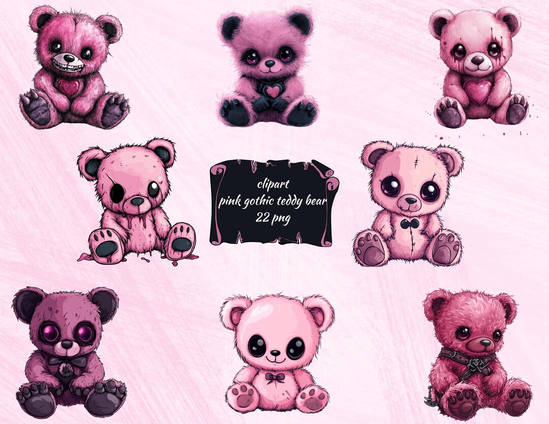 Pink Gothic Teddy Bear Clipart, 22 Png Creepy Cute Bears, Digital Cute ...