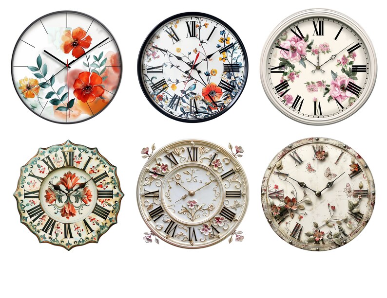 Floral Wall Clock Clipart, Vintage PNG Set (instant Download, Comercial ...