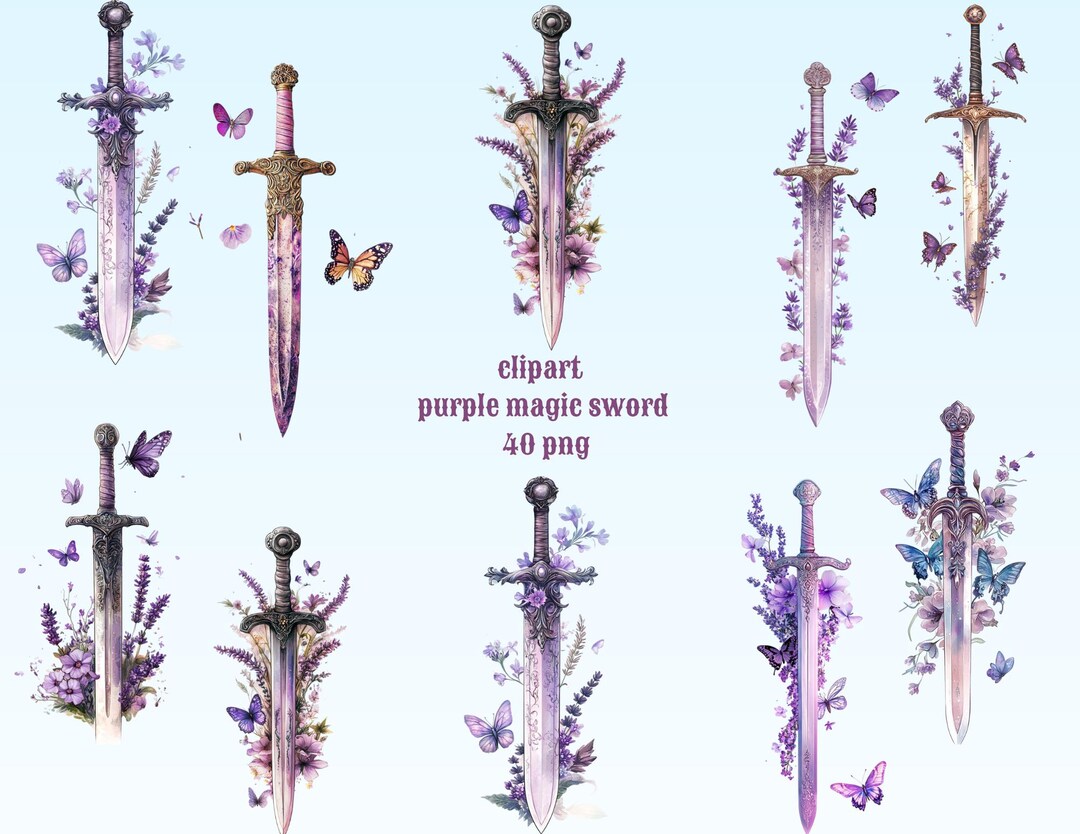 Purple Magic Sword Clipart Bundle, 40 PNG, Floral Swords PNG, Mystic ...