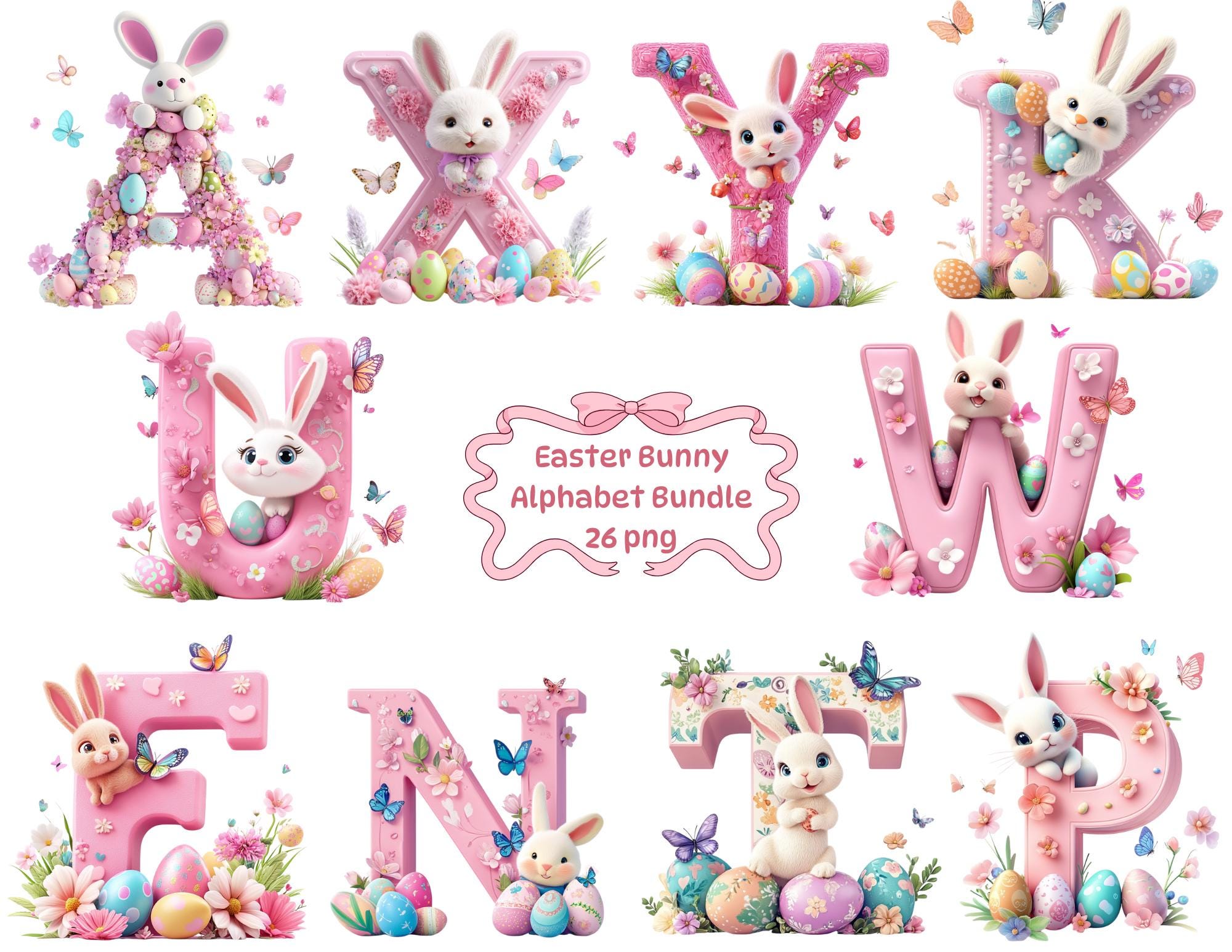 Easter Bunny Alphabet Clipart: Spring Letter Set (PNG, Commercial Use ...