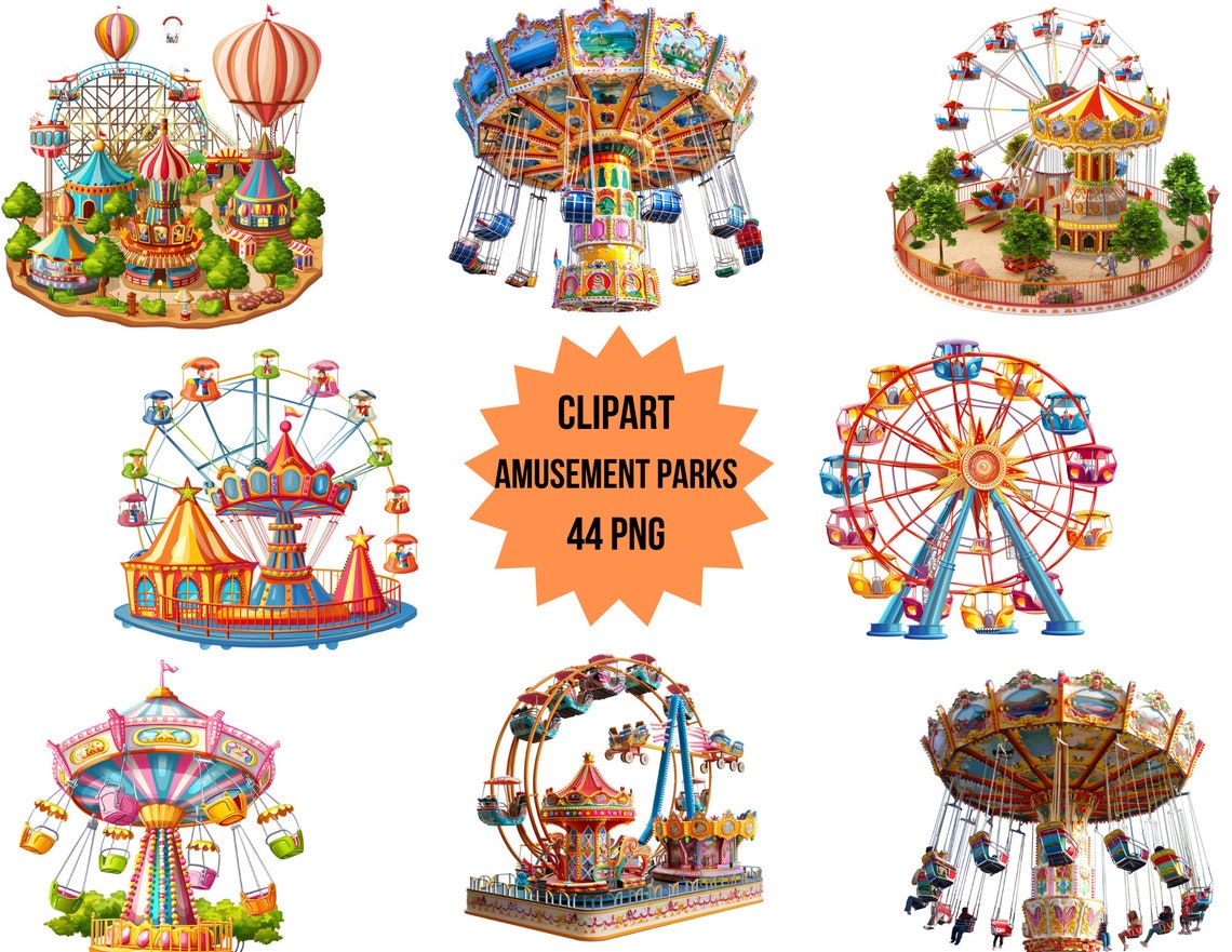Amusement Park Clipart Bundle, Carnival Rides PNG, Digital Print ...