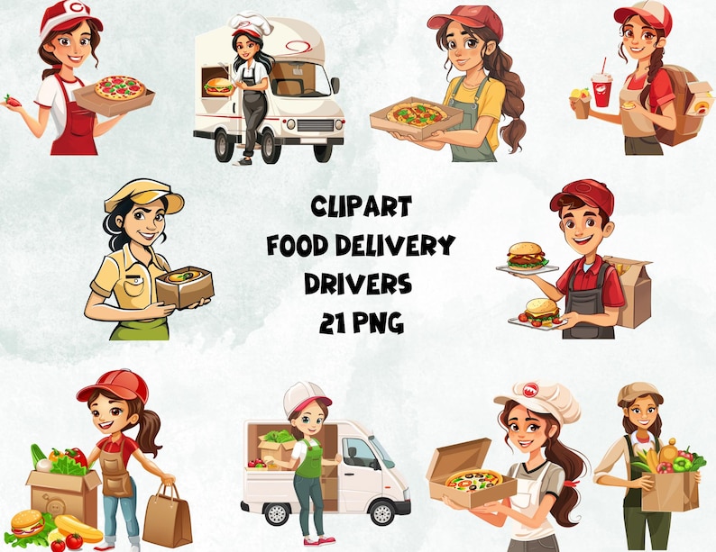Food Delivery Drivers Clipart | Fast Food & Grocery Delivery | Digital ...