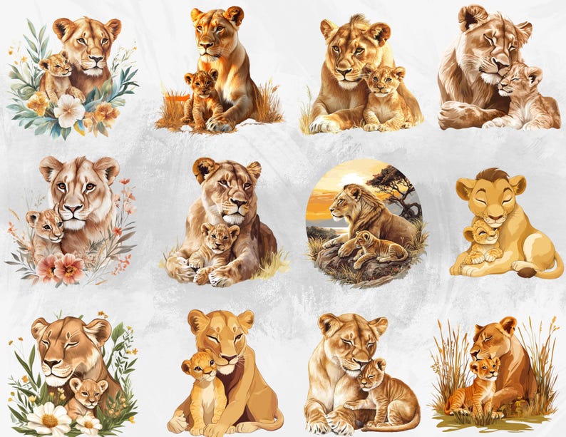 Lioness and Cubs Clipart Bundle | 65 Pngs | Majestic Widlife With ...