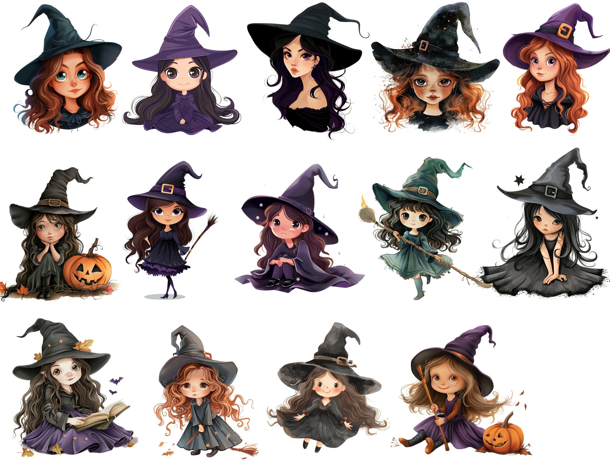 Cute Witches Clipart Set | 37 High-resolution PNG Illustrations for ...