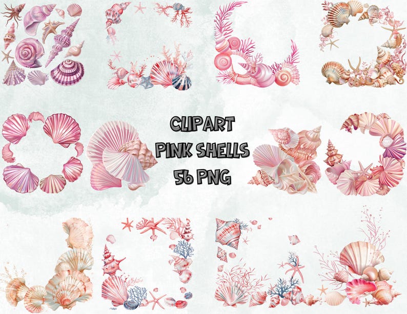 Pink Shells Clipart, Seashell Frames PNG, Digital Print Ocean-themed ...