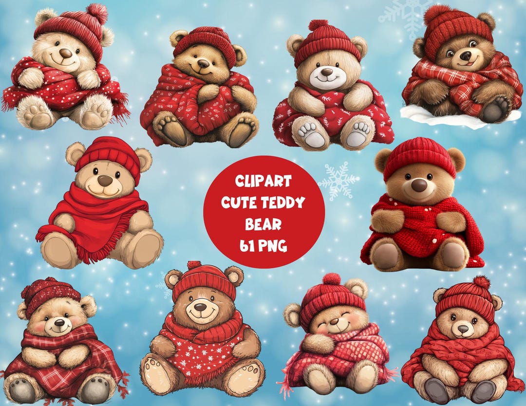 Pretty Teddy Bears Clipart – Adorable Winter Bears in Festive Outfits ...