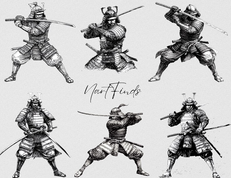 Black and White Samurai Clipart, Samurai PNG Bundle, Digital Warrior ...