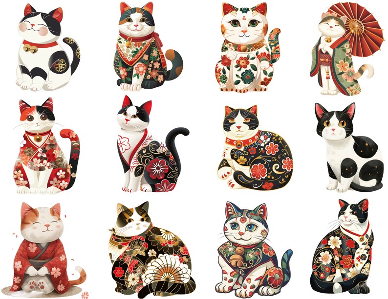Clipart Japanese Cats | Japanese Cats PNG | Digital Print Japanese Cats ...