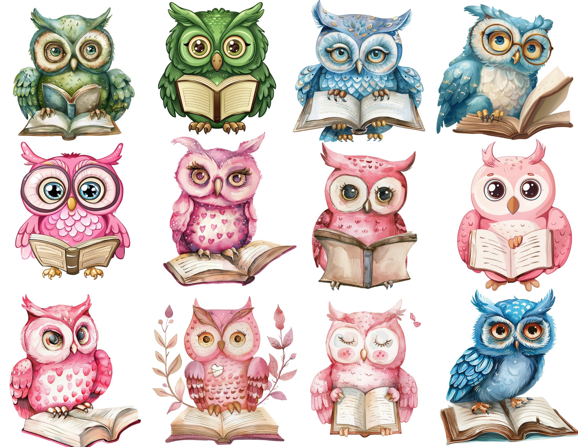 Clipart Owls With Books | Pretty Owls PNG | Digital Print Cute Owls ...