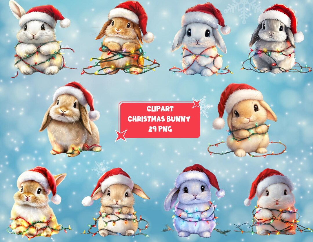 Clipart Christmas Bunnies | Rabbits With Santa Hats and Holiday Lights ...