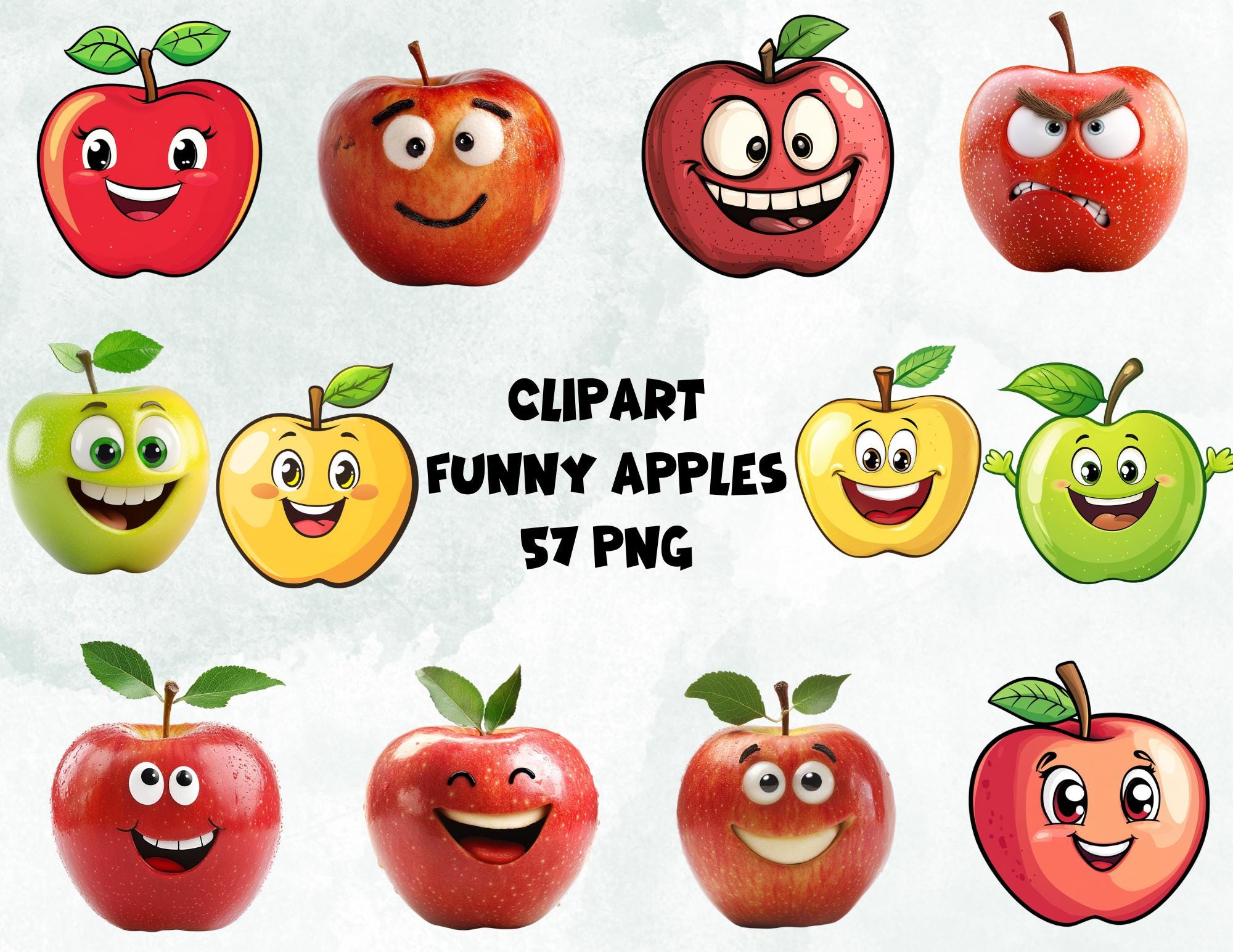 Funny Apple Clipart, Cute Fruit PNG, Cartoon Apples for Stickers ...