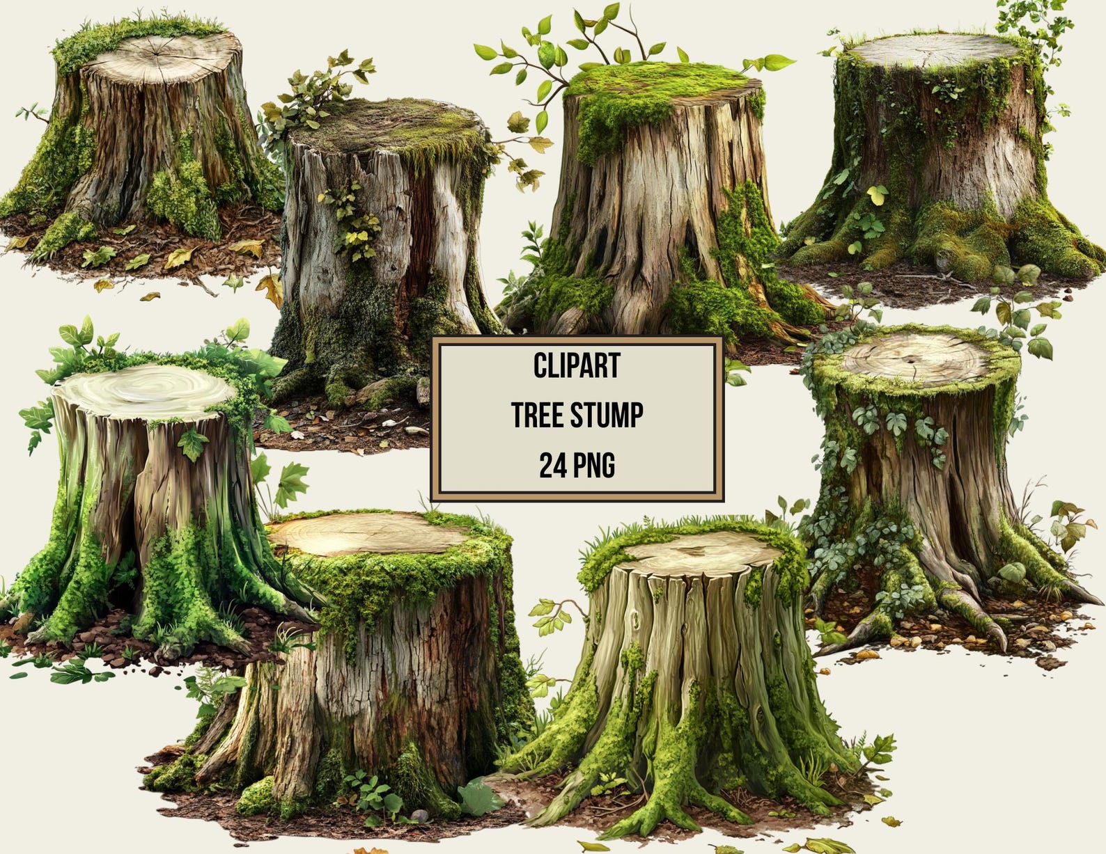 Tree Stump Clipart Bundle, Mossy Wood Logs PNG, Digital Forest ...