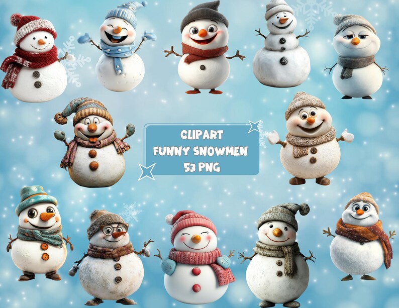 Funny Snowmen Clipart Bundle | 53 PNG Cute Snowmen | Winter Digital ...