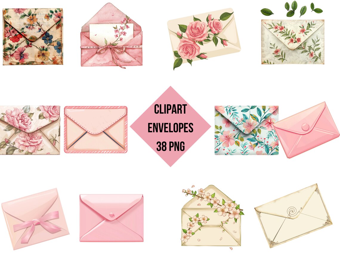 Floral Envelopes Clipart Set | 38 PNG Images for Digital Projects and ...