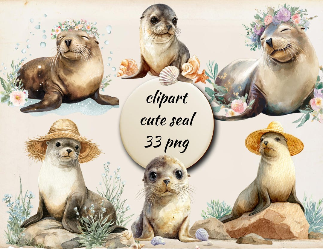 Watercolor Seal Clipart Bundle: Summer Sea Animals With Hats (PNG ...