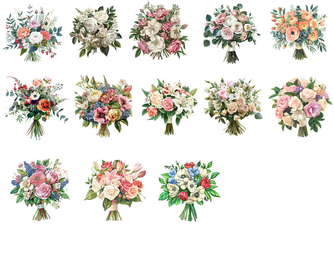 Wedding Bouquet Clipart Bundle, Floral PNG Set, Digital Bridal Flower ...