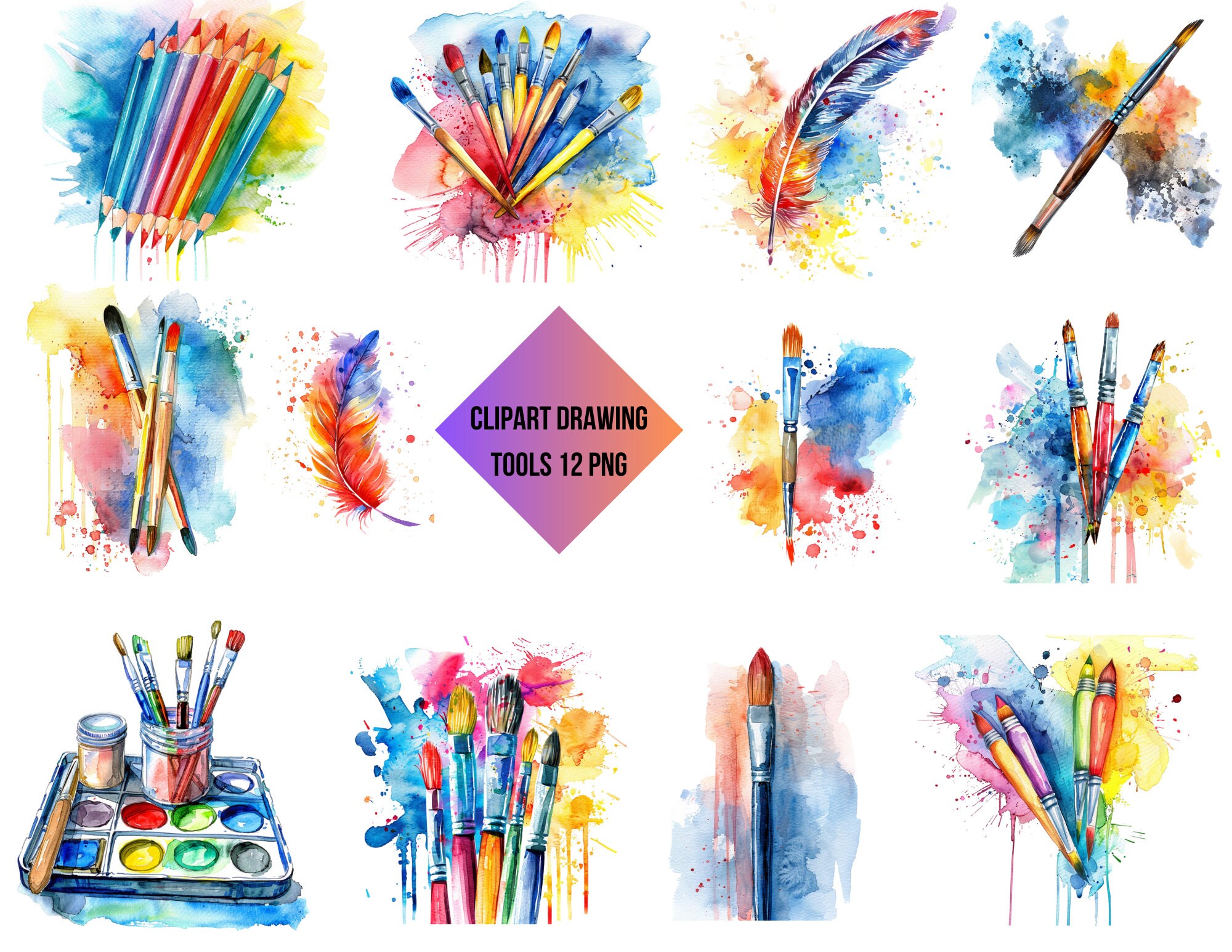 Drawing Tools Clipart | Watercolor Artistic Tools PNG | Digital Print ...