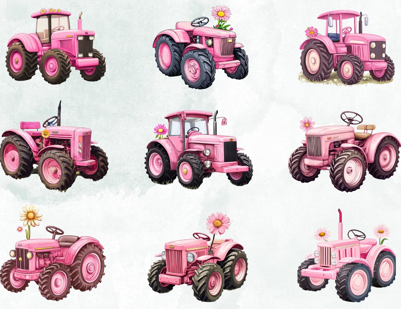 Clipart Pink Tractors, Tractors With Flowers 36 PNG, Digital Print Cute ...