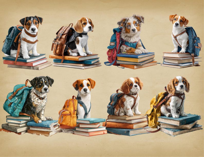 Puppies Clipart Bundle: Back to School PNG, Commercial Use (instant ...