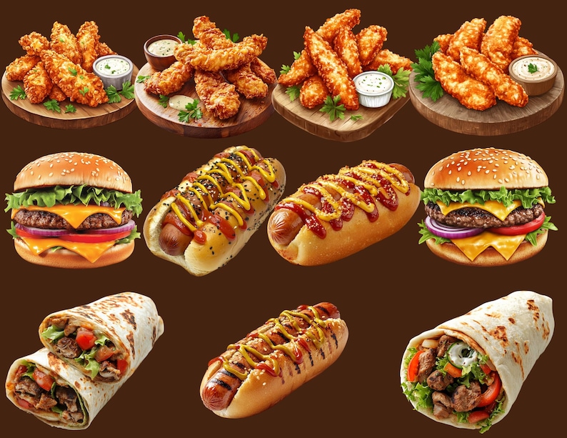 Fast Food Clipart Bundle: Burger, Pizza, Chicken (31 PNG, Commercial ...