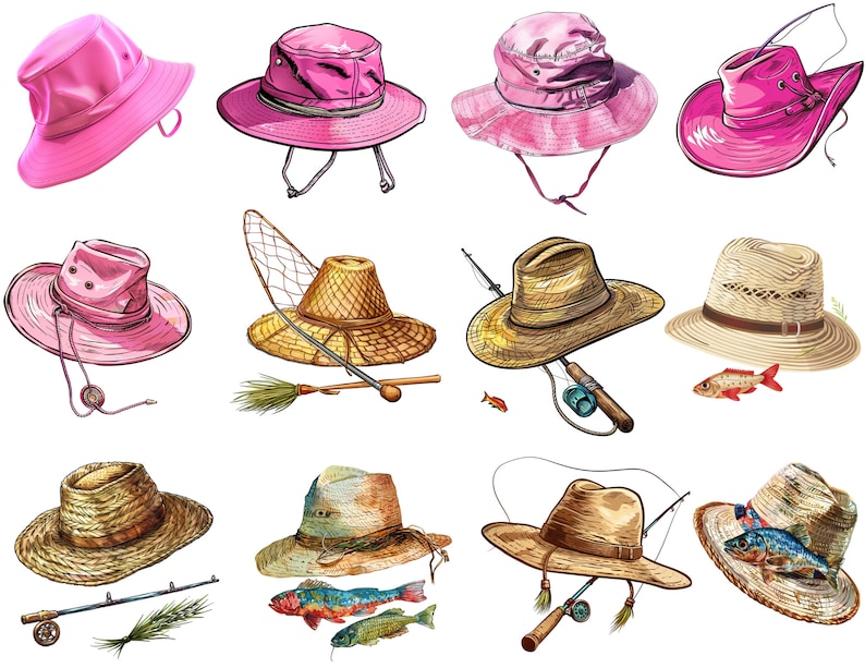 Clipart Fishing Hats | Fishing Hats PNG | Digital Print Fishing Hats ...