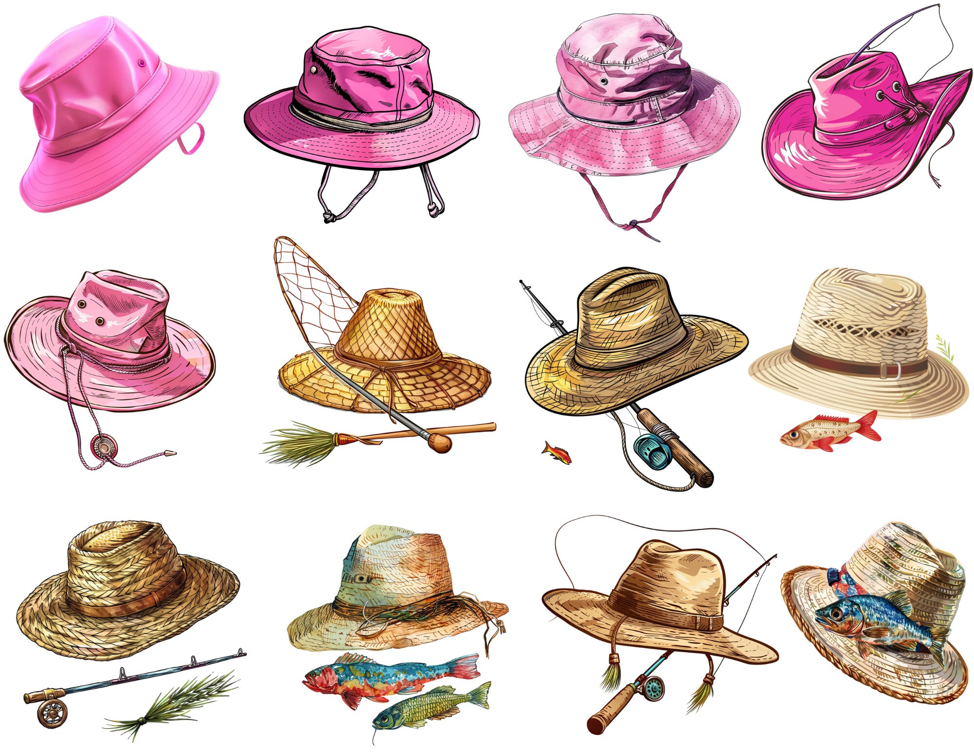 Clipart Fishing Hats | Fishing Hats PNG | Digital Print Fishing Hats ...