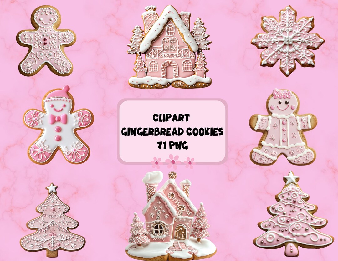 Pink Gingerbread Cookies Clipart, 71 PNG Christmas Cookie Bundle, Cute ...