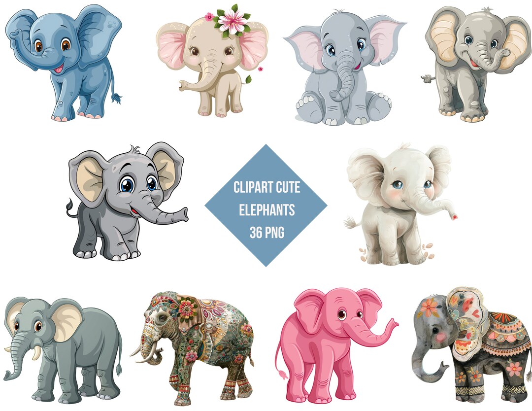 Clipart Cute Elephants | Cute Elephants PNG | Digital Print Cute ...