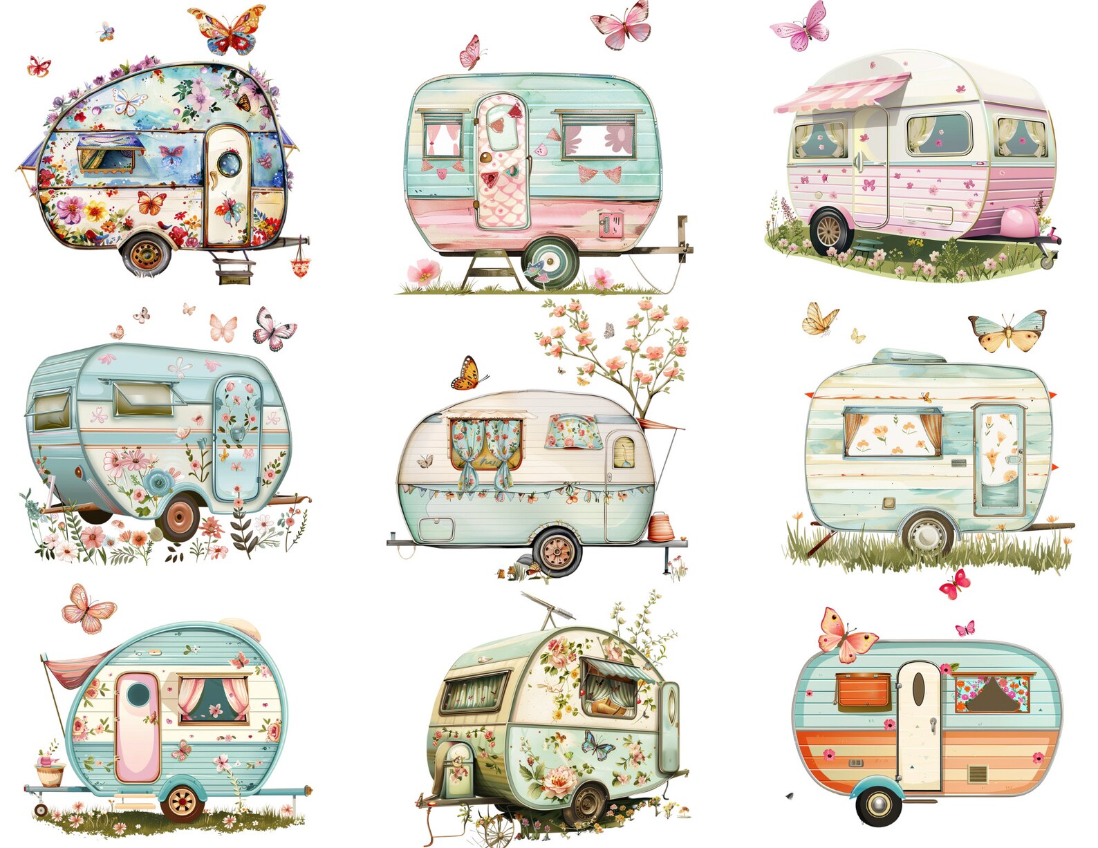 Clipart Pretty Caravans | Vintage Caravans PNG | Digital Print Caravans ...
