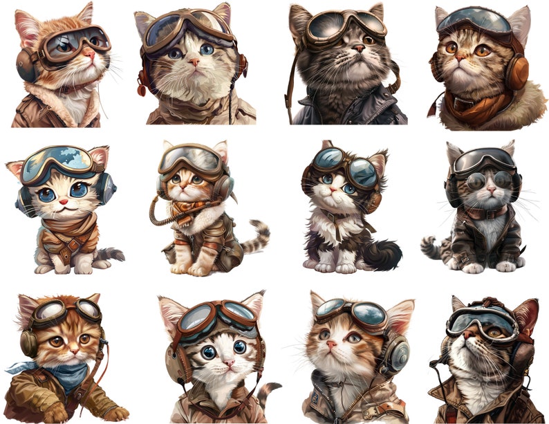 Clipart Pilot Cats | Adorable Cat Pilot Graphics | Feline Aviator Pack ...
