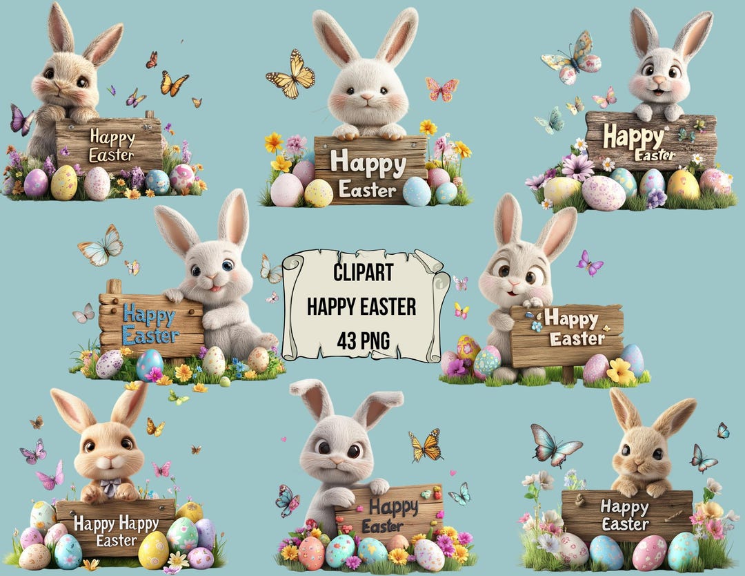 Happy Easter Bunny Clipart Bundle, Cute Rabbit With Eggs PNG, Spring ...