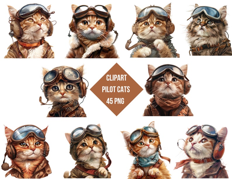 Clipart Pilot Cats | Adorable Cat Pilot Graphics | Feline Aviator Pack ...