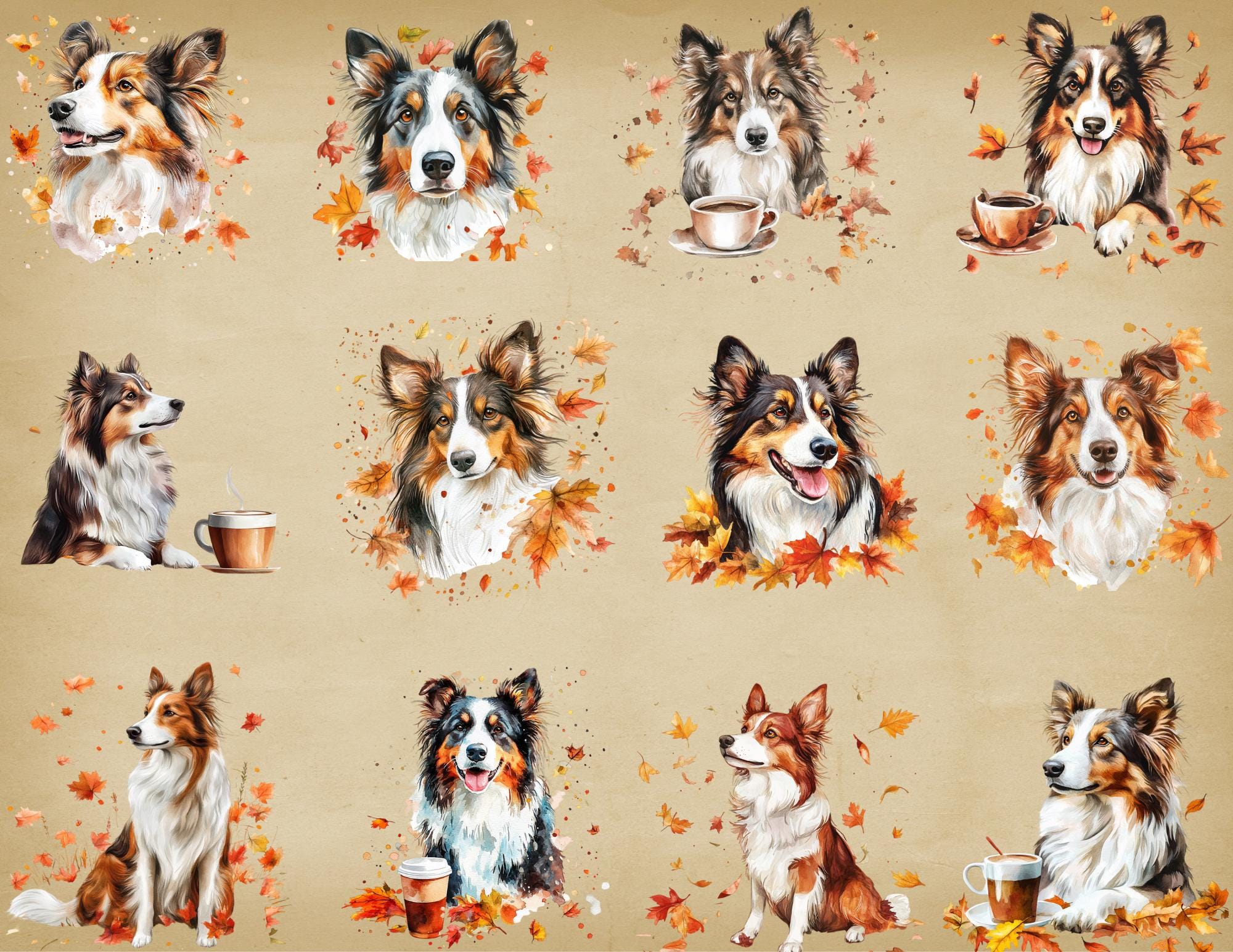 Clipart Collie Dogs in Autumn Digital Print Autumn Decor With Collie ...