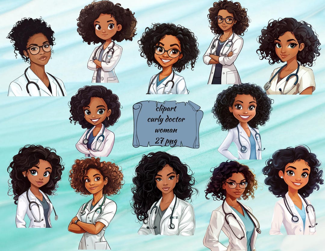 Doctor Woman Clipart, Curly Hair Medical PNG, Digital Print Doctor ...