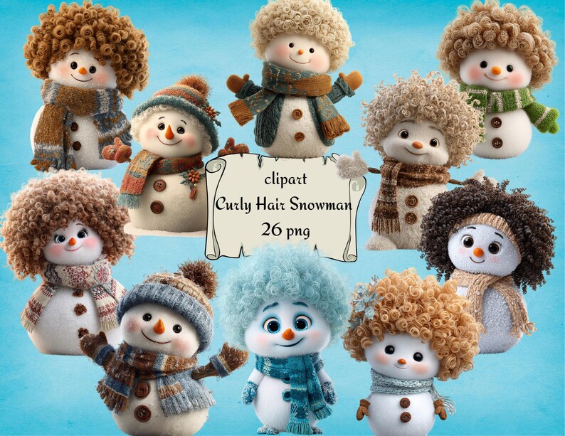 Curly Hair Snowman Clipart, Cute Christmas Snowman PNG, Digital Winter ...