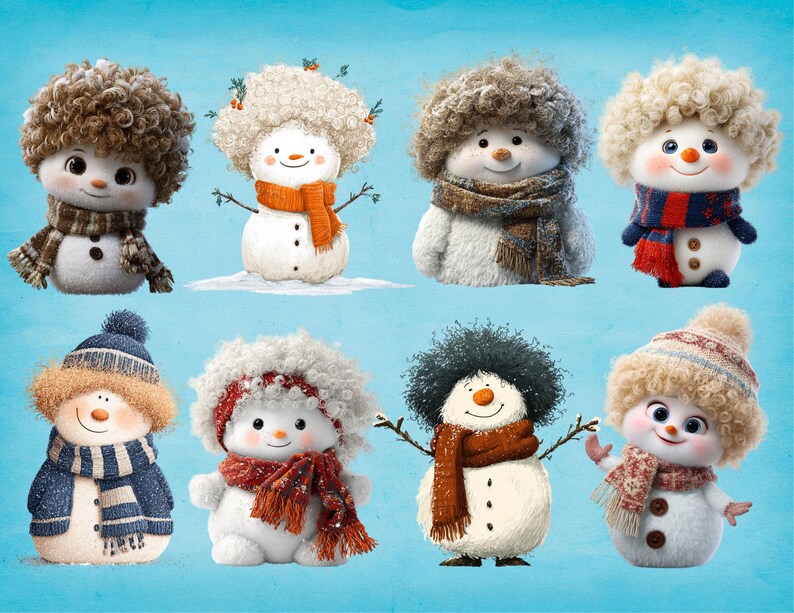 Curly Hair Snowman Clipart, Cute Christmas Snowman PNG, Digital Winter ...