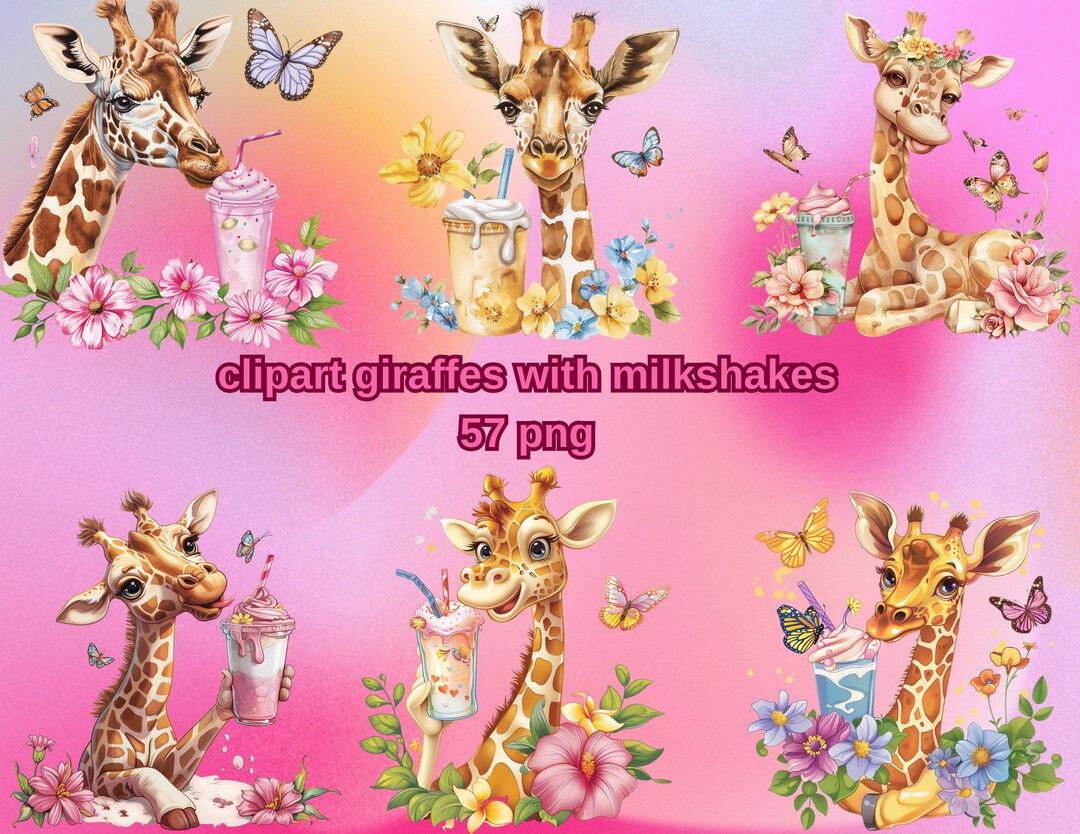Clipart Pretty Giraffes With Milshakes | Giraffes With Butterflies PNG ...