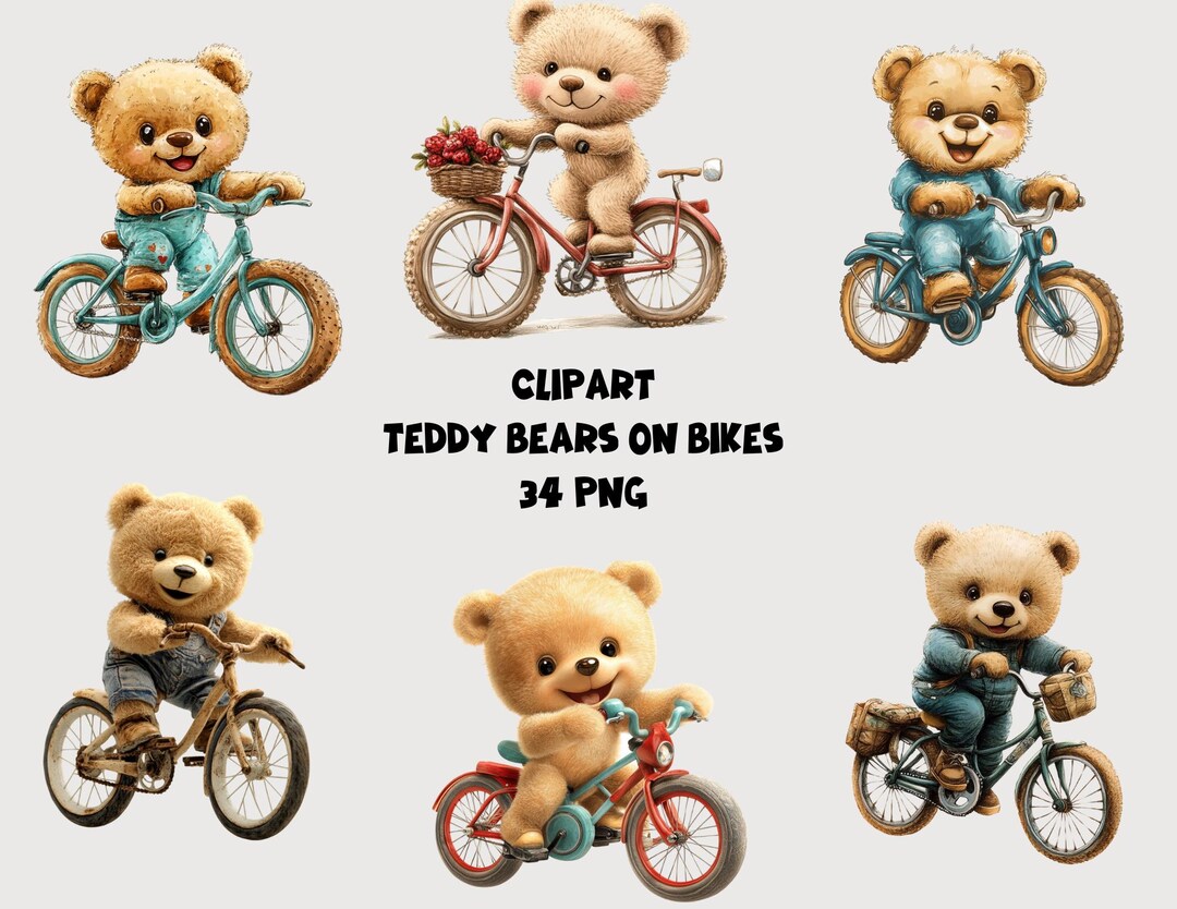 Clipart Teddy Bears on Bikes | Cute Bears PNG | Digital Cute Decor ...