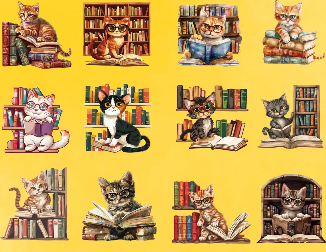 Cats With Books Clipart Bundle | Reading Kitten PNG Set | Book Lover ...